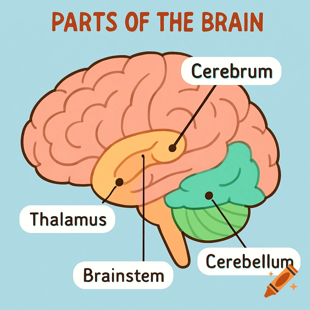 Cartoon diagram showing labeled parts of the human brain: Cerebrum ...