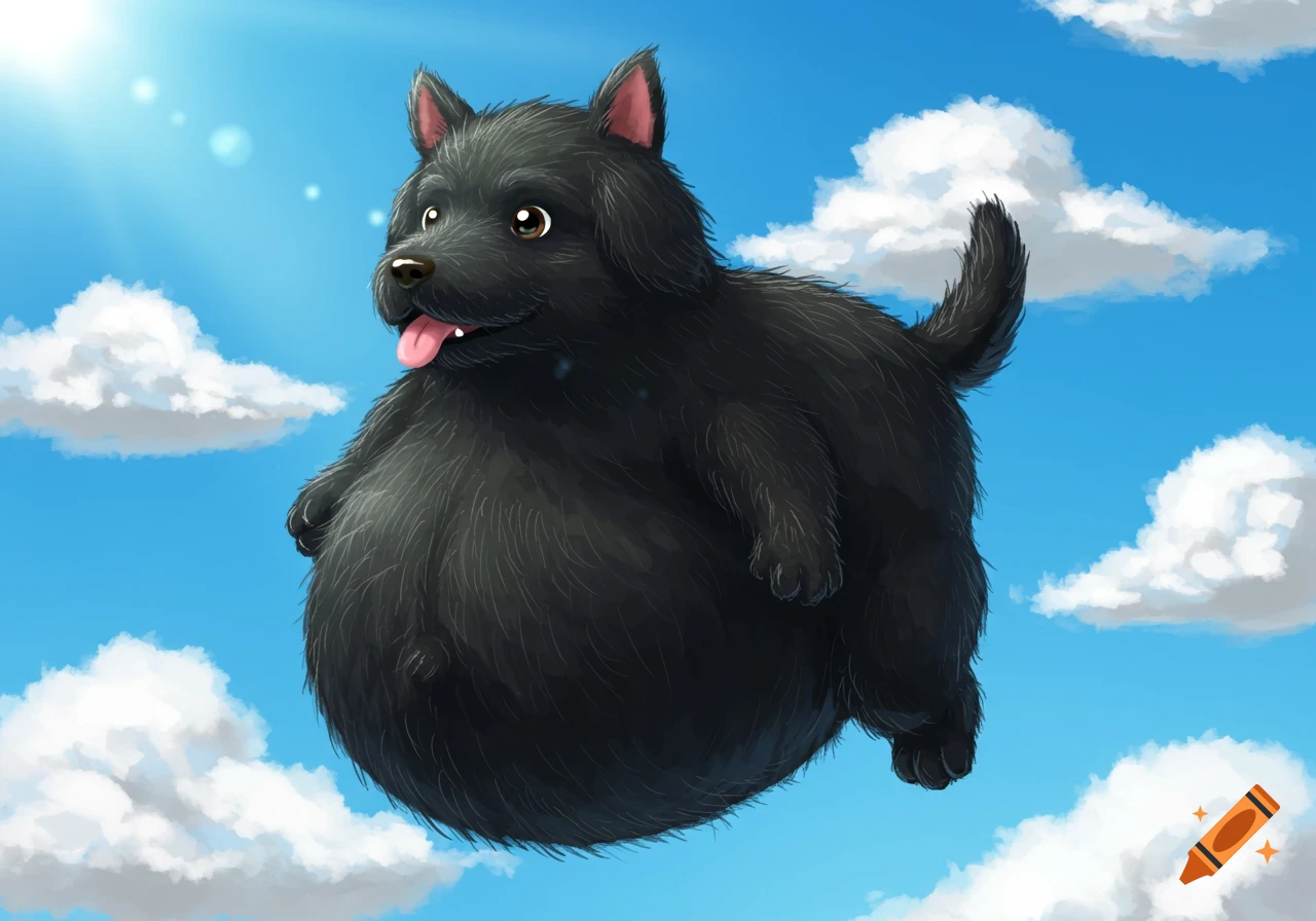 A cartoon black dog floats in the sky like a blimp. on Craiyon