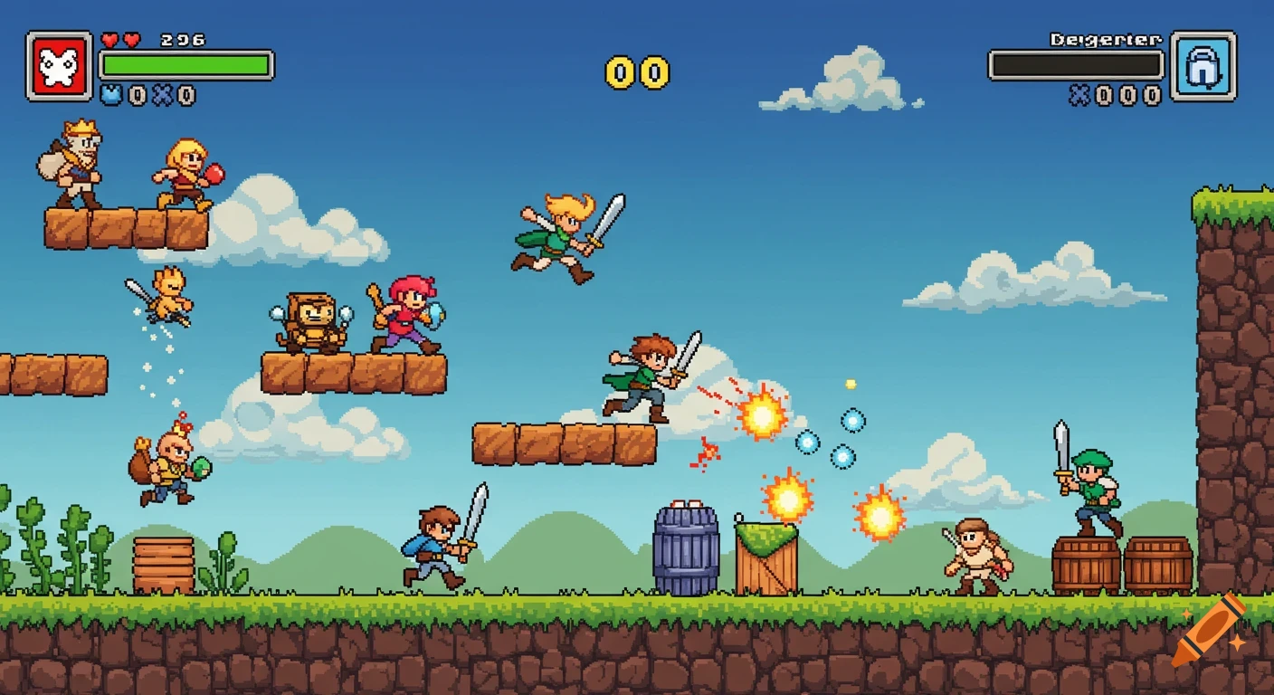 Pixel art sidescroller game screen with characters fighting on ...