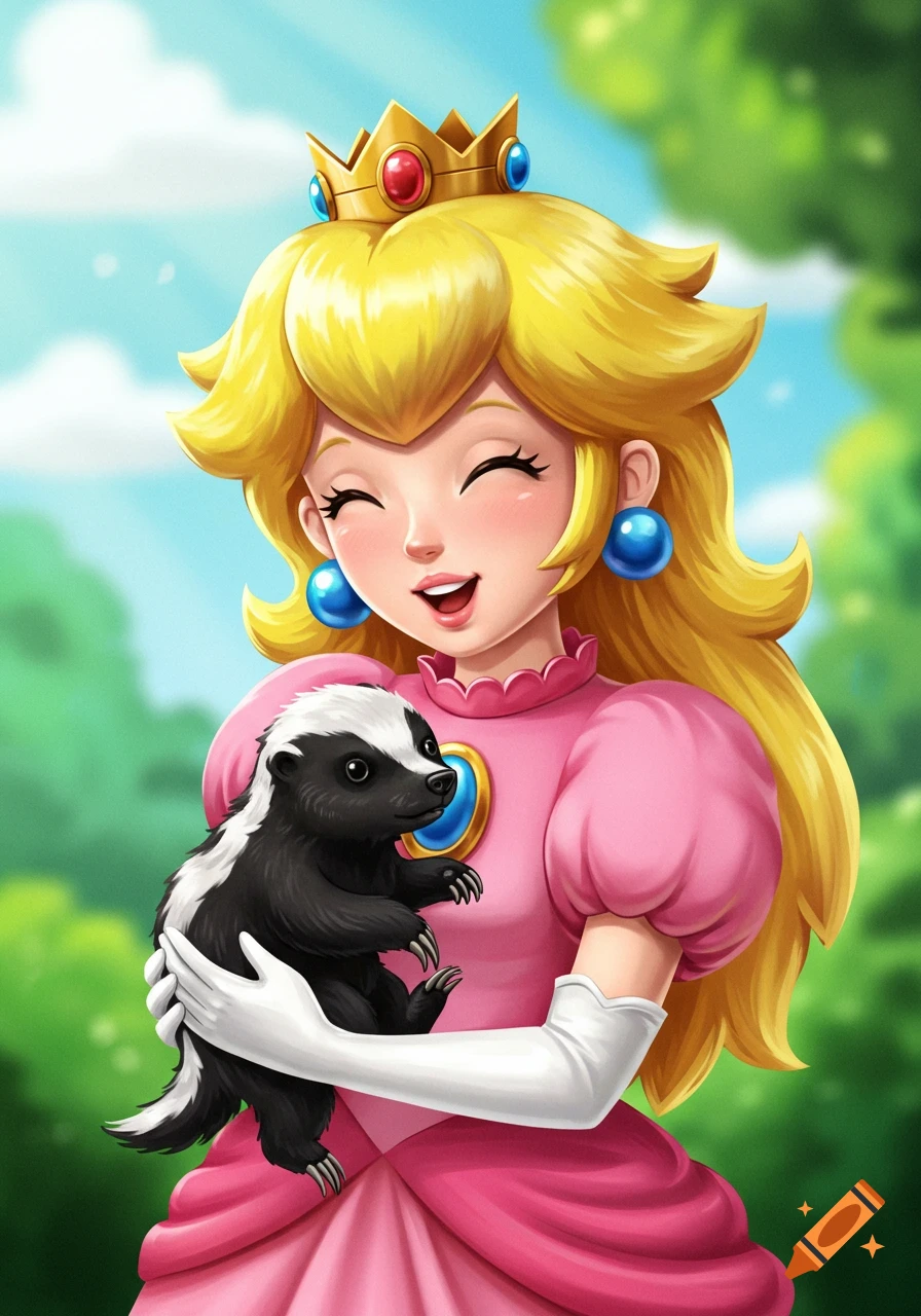 Princess Peach smiles while holding a honey badger in a sunny outdoor ...