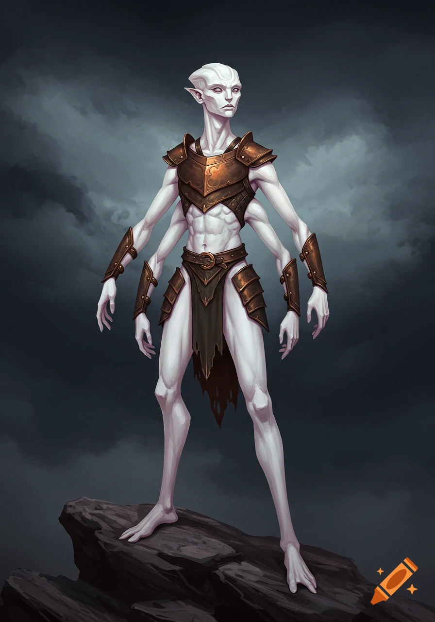 A pale, four-armed fantasy creature wearing armor stands on a rock ...