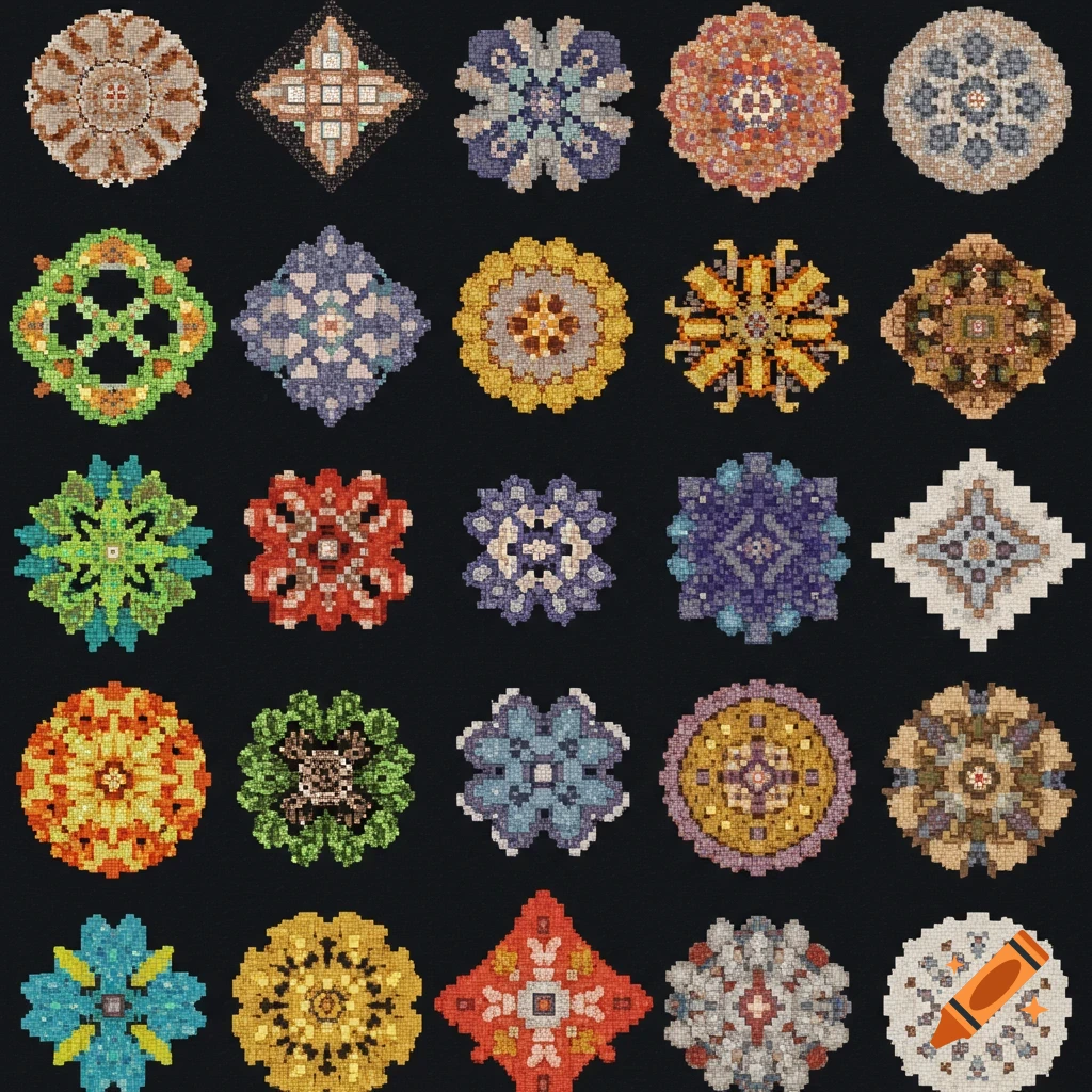 A grid of colorful pixelated patterns and designs on a black background ...