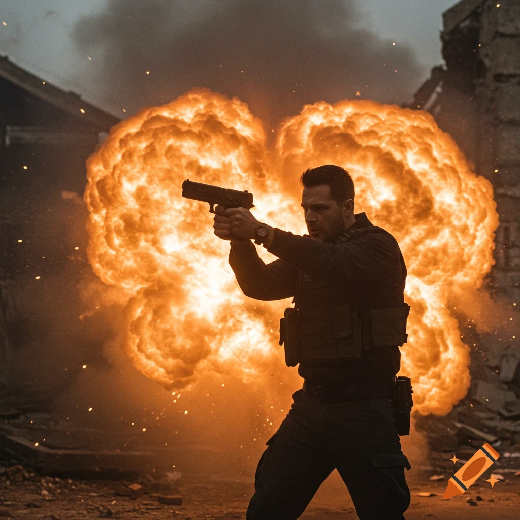 Man shooting a gun in front of a large explosion, photorealistic style ...