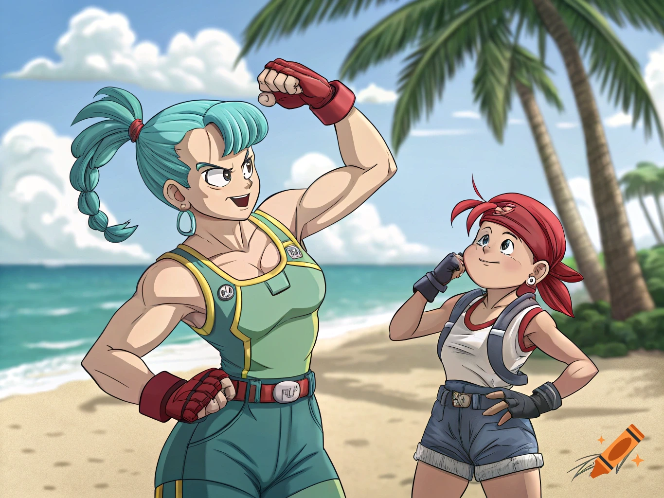 Anime style image of Bulma flexing in front of another character on a ...
