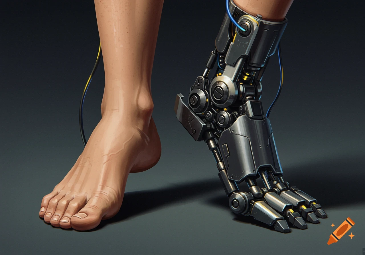 A human foot next to a robotic foot with visible wires in a detailed ...