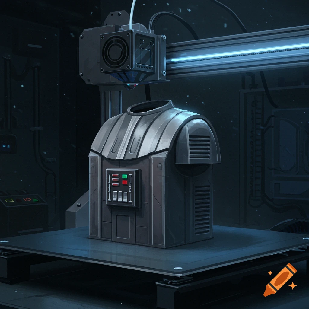 A Darth Vader chest box is being printed by a 3D printer in a dark ...