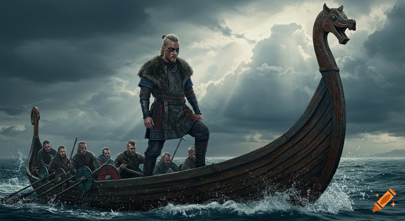 A Viking warrior stands on the bow of a longship with other rowers on a ...