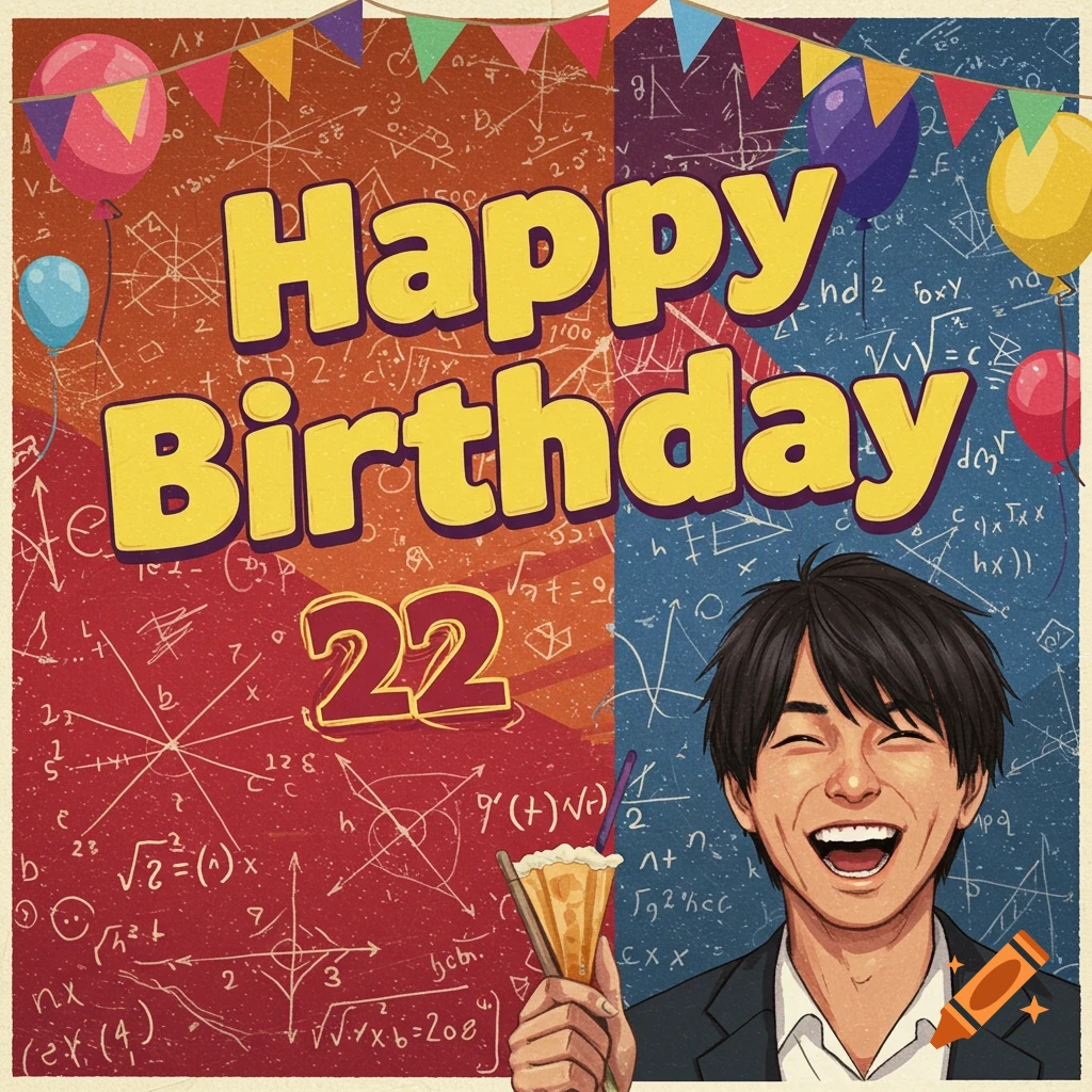 Illustrated birthday card with Happy Birthday text, balloons, math ...