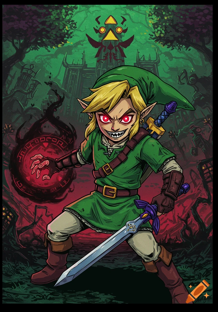 A stylized illustration of a cursed Link with red eyes and sharp teeth ...