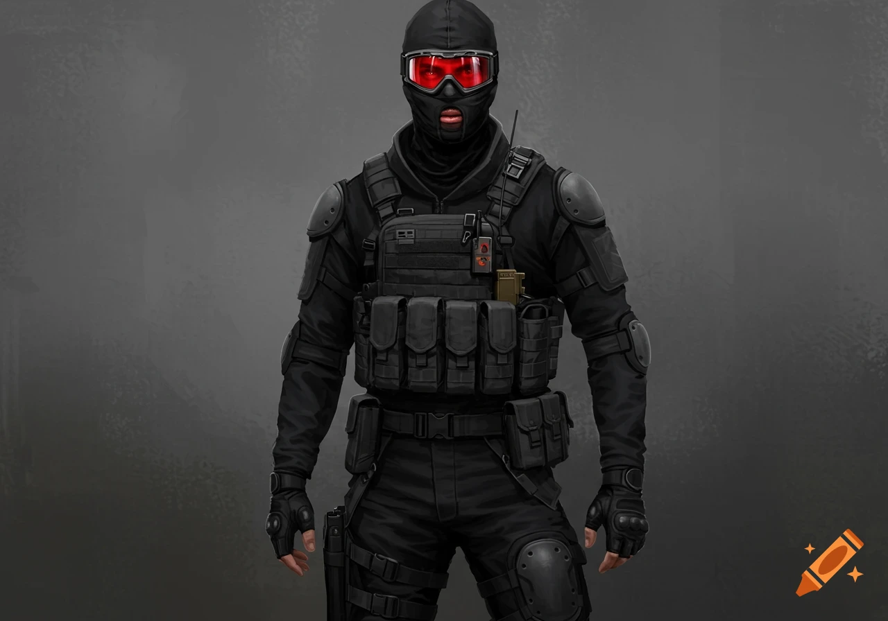 Man in black tactical gear, balaclava, and red goggles. on Craiyon