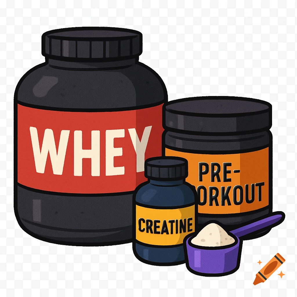 Illustration of three containers of sport supplements labeled WHEY, PRE ...