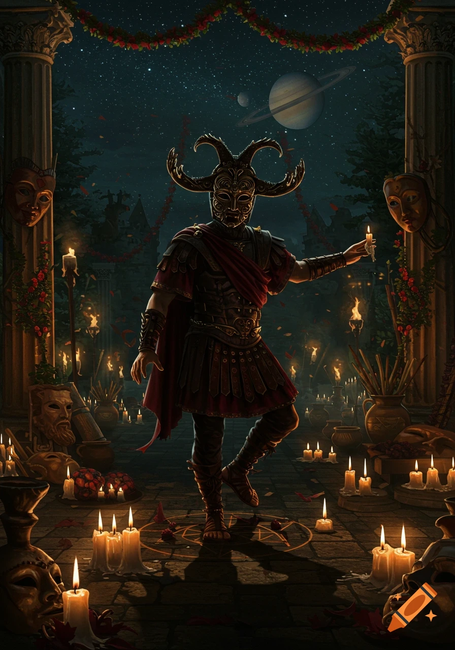 Masked figure in ancient armor holding a candle during a ritual under a ...