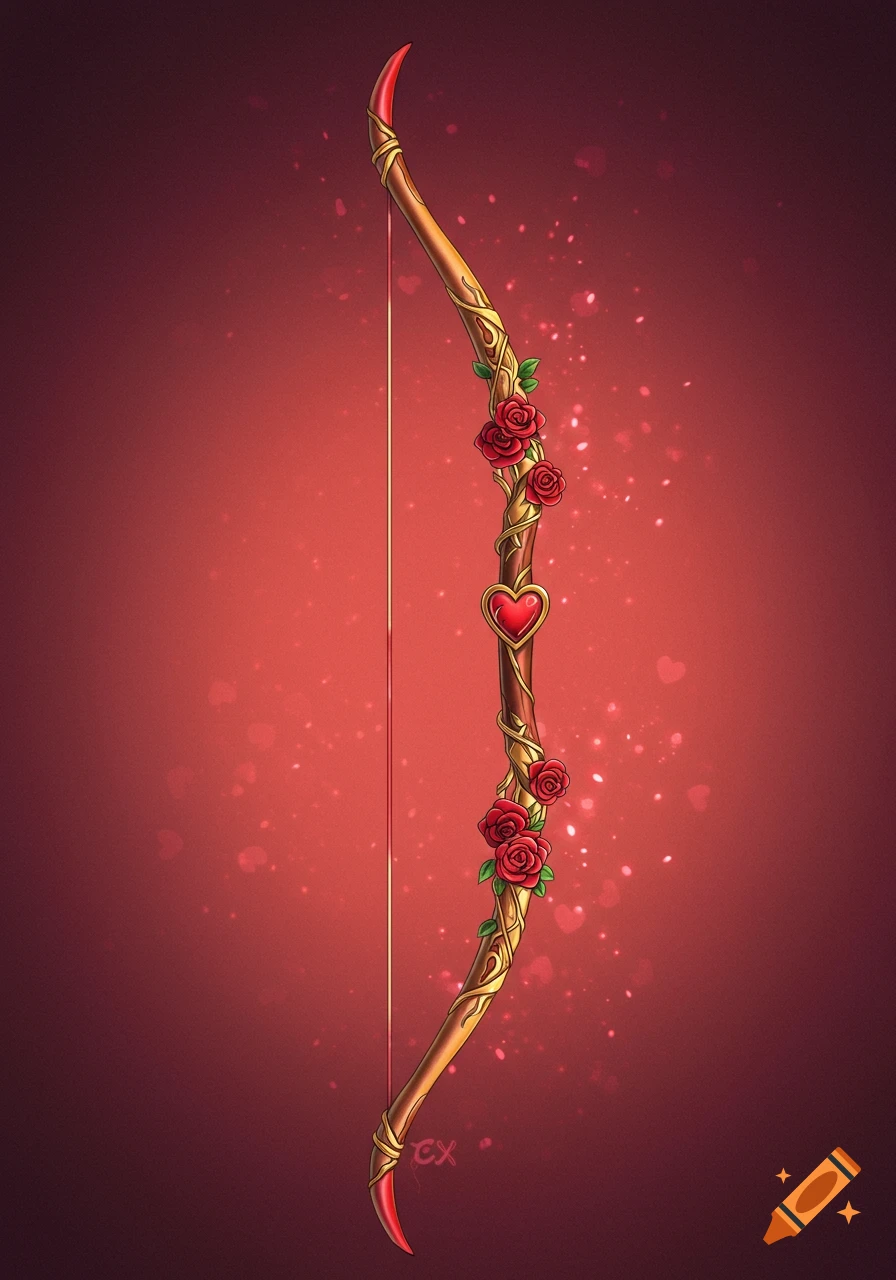 Stylized longbow decorated with red roses and a heart emblem on a red ...