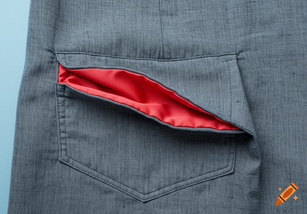 Close-up of a grey fabric pocket turned inside out, revealing bright ...