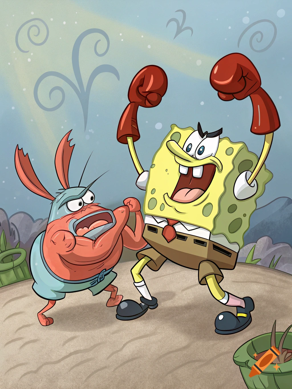 SpongeBob and Mr. Krabs with large muscles boxing in a cartoon style ...
