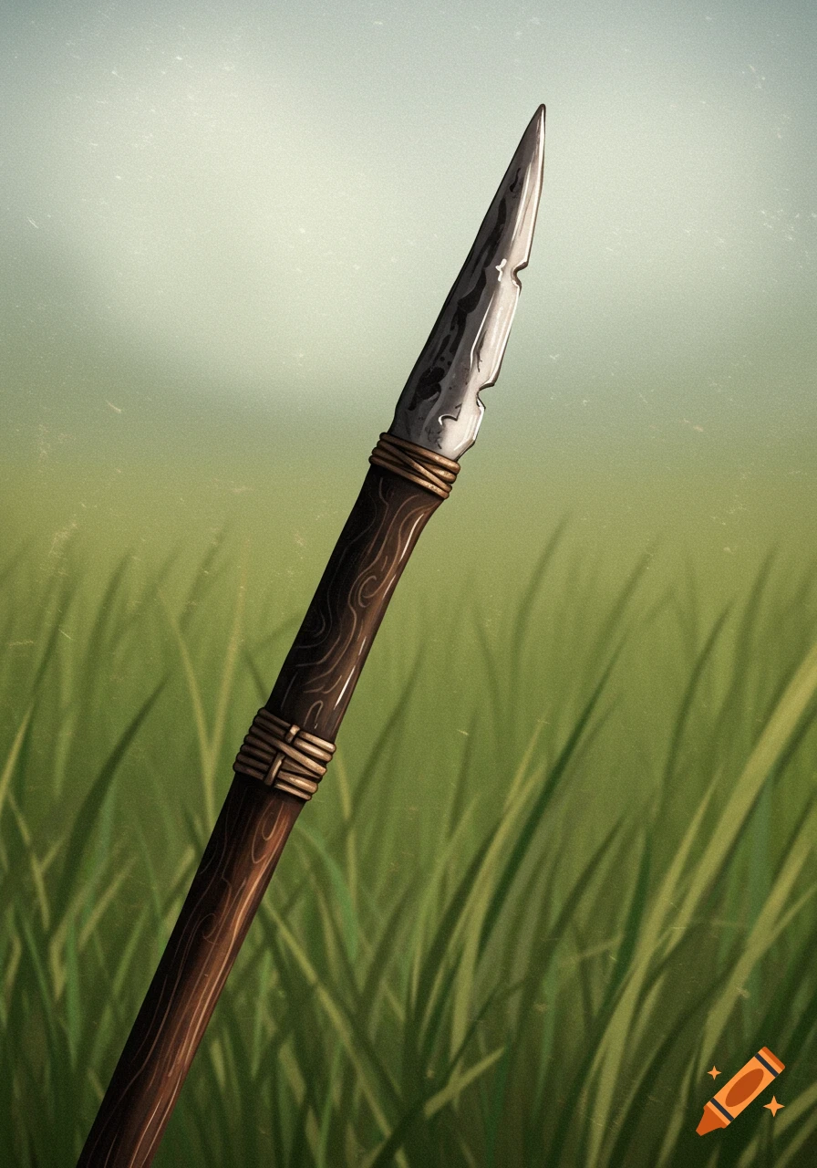 A spear with a bone tip stands in tall green grass. on Craiyon
