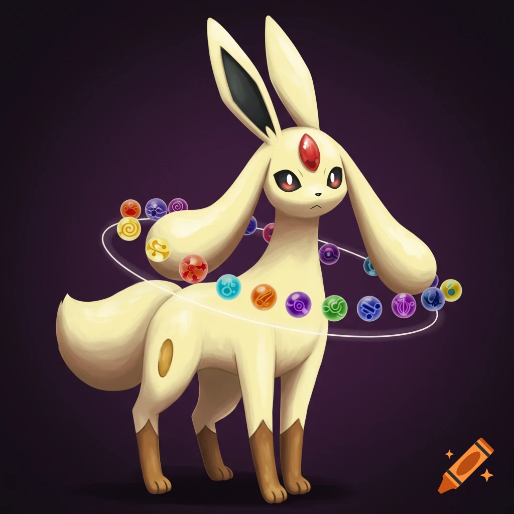 A Pokemon-like creature with long ears and a red gem on its head is ...