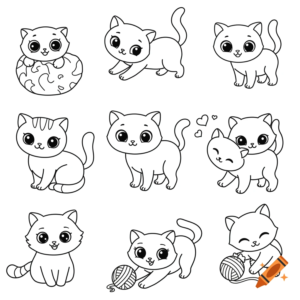 Black and white line art of multiple cute cartoon kittens in various ...
