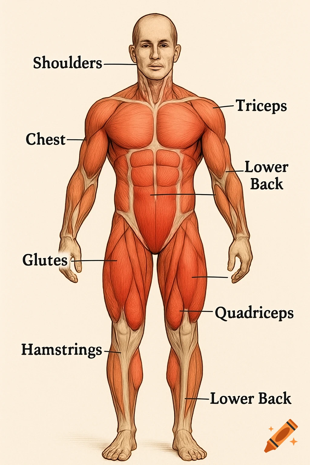 Illustration of the human muscular system with labels for major muscle ...