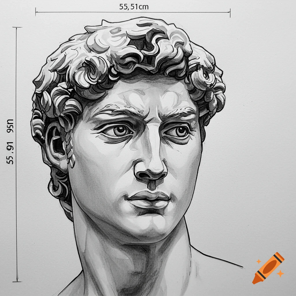 Black and white marker drawing of the head of Michelangelo's David with ...