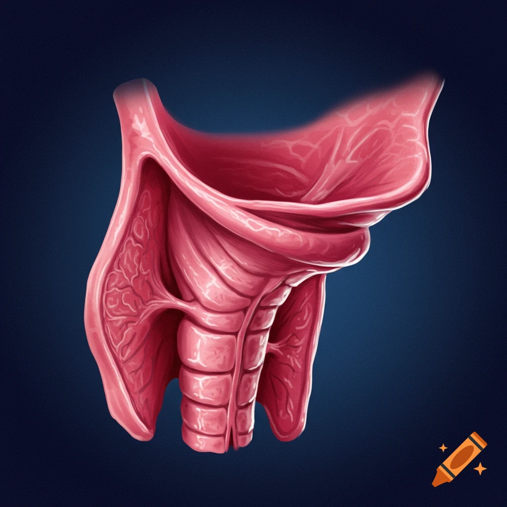 Anatomical illustration of the human larynx and throat area against a ...