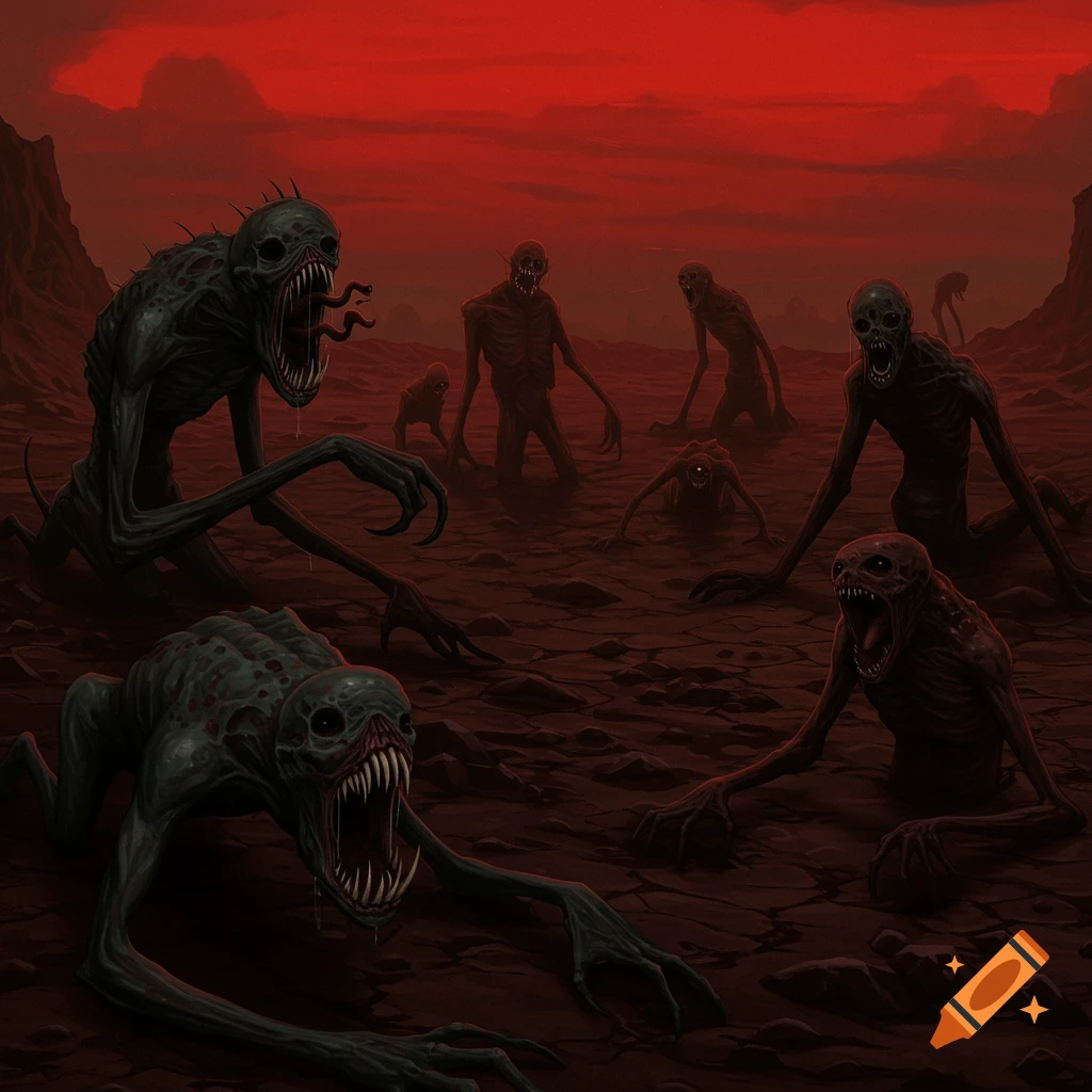 Several creepy, distorted monsters in a dark, red landscape. on Craiyon