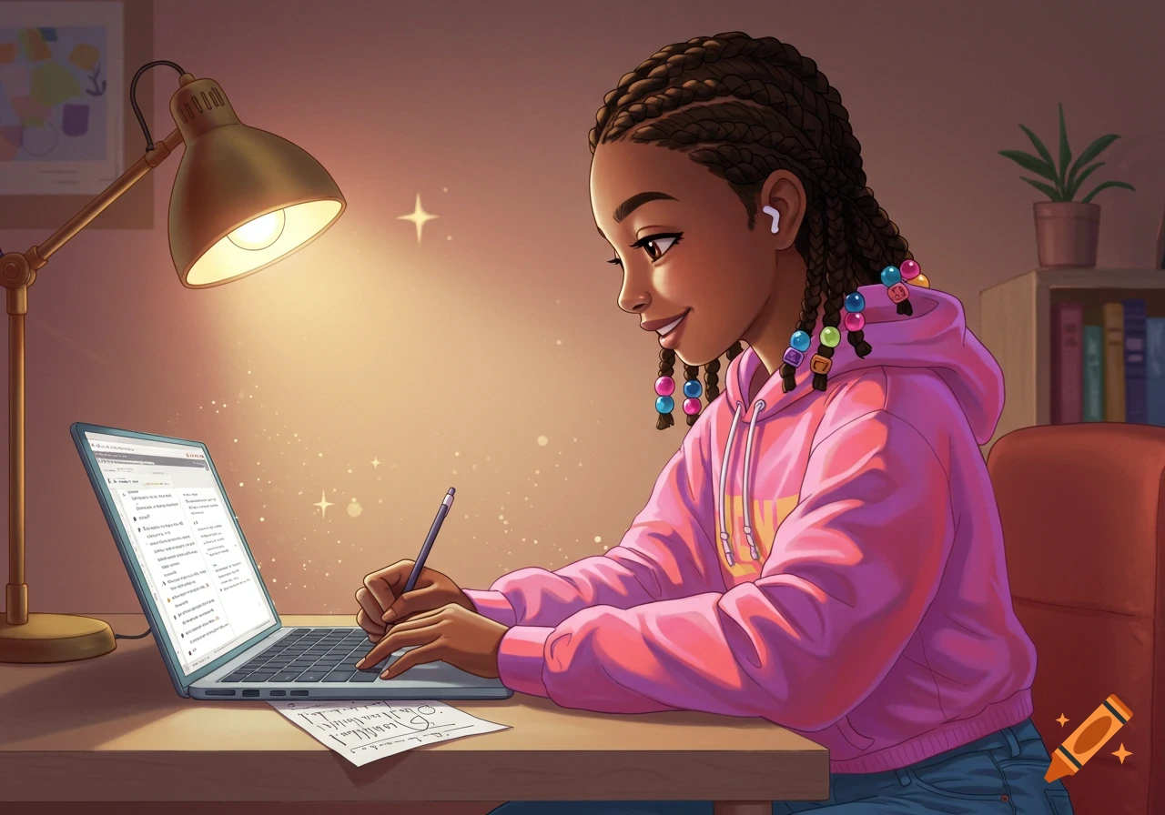 Illustrated portrait of a Black teen girl with braided hair studying at ...
