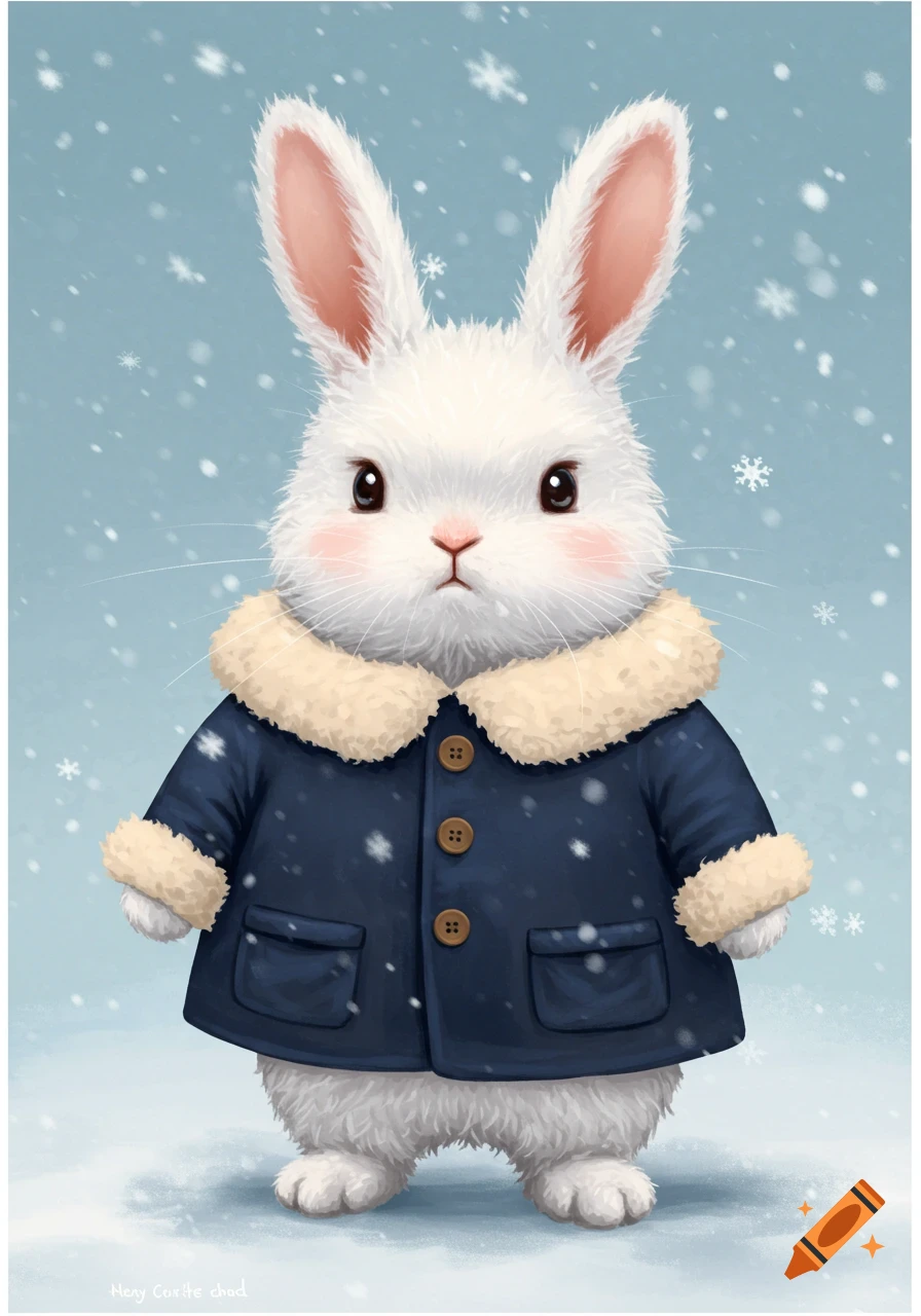 An illustration of a fluffy white rabbit wearing a blue coat standing ...