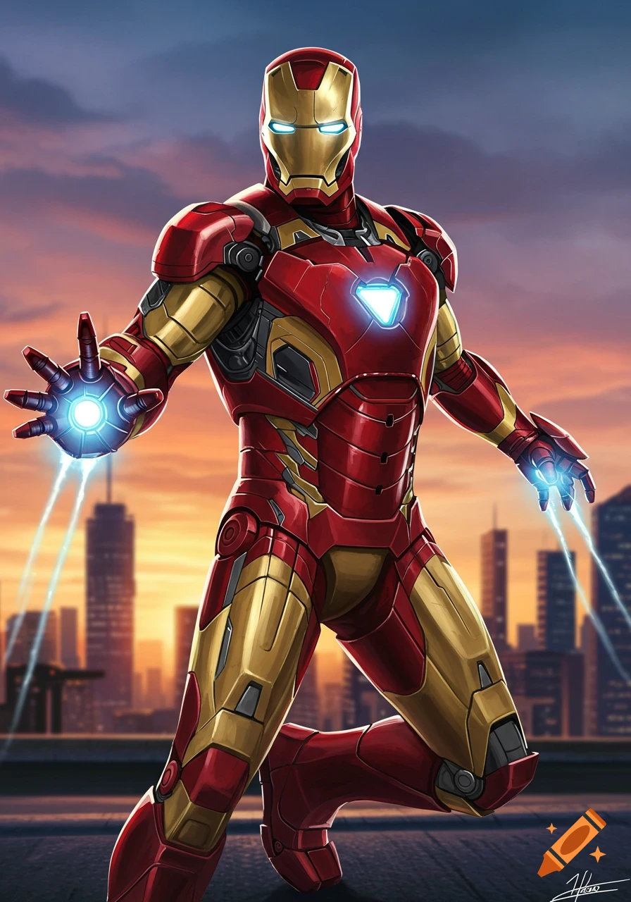 Iron Man in his suit in a dynamic pose, ready to fire repulsor rays ...