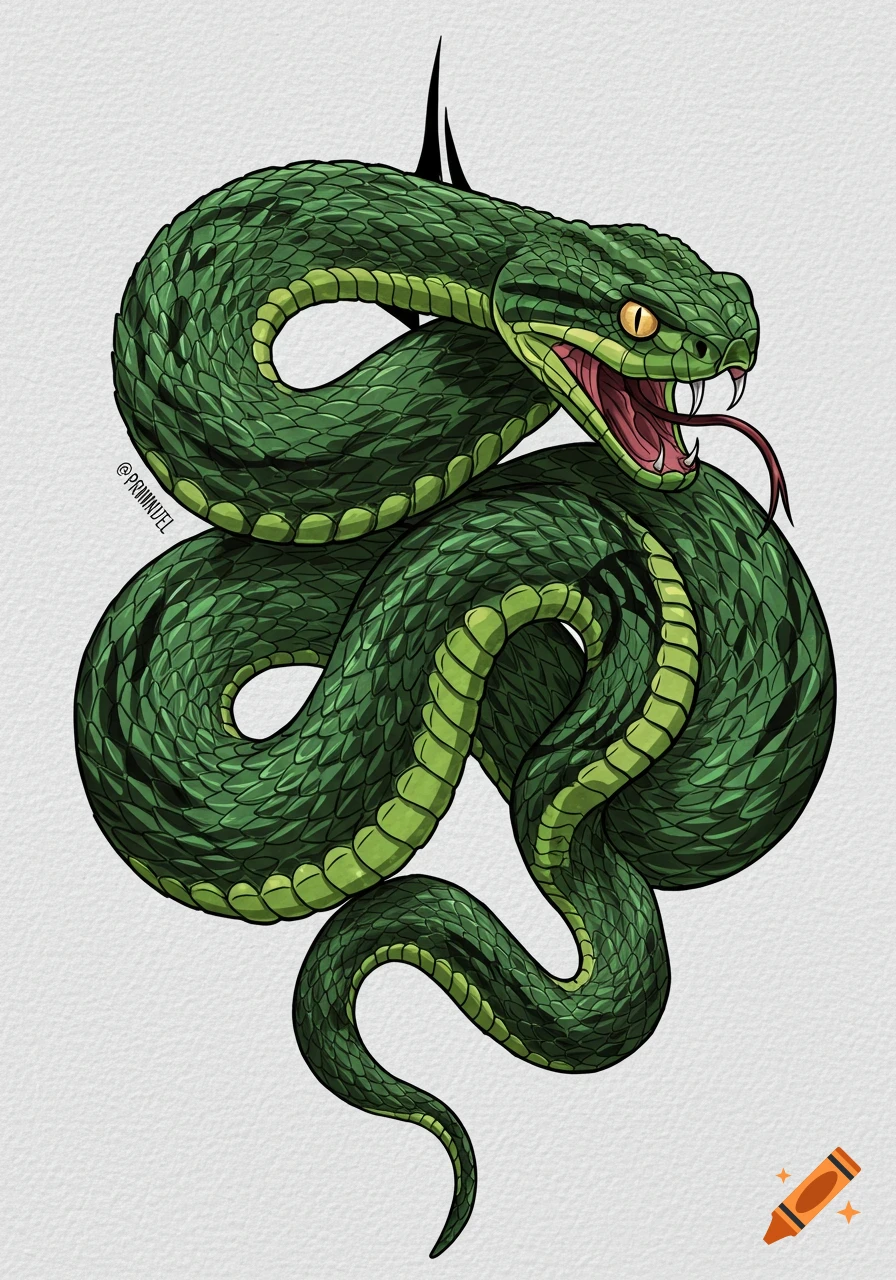 Illustration of a coiled green viper snake with fangs and tongue ...