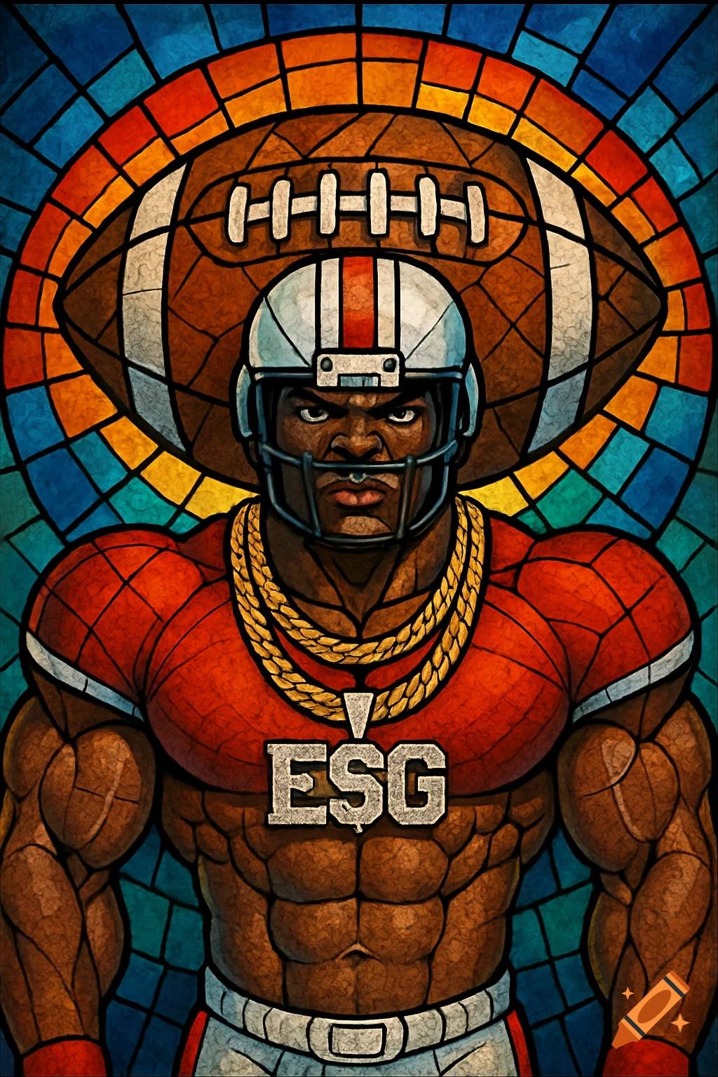 Stylized stained glass image of a muscular football player with gold ...