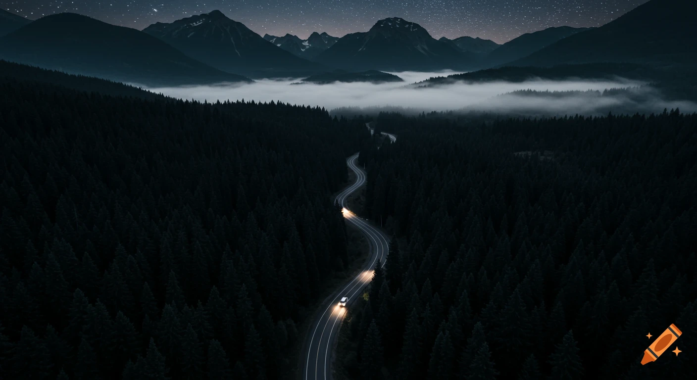Aerial view of a winding road through a dark forest at night with ...