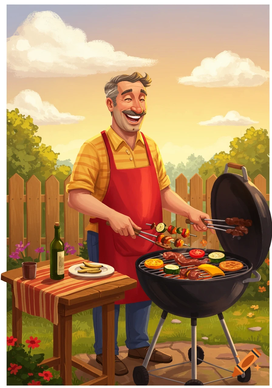 Illustration of a happy man grilling food on a bbq in a yard. on Craiyon