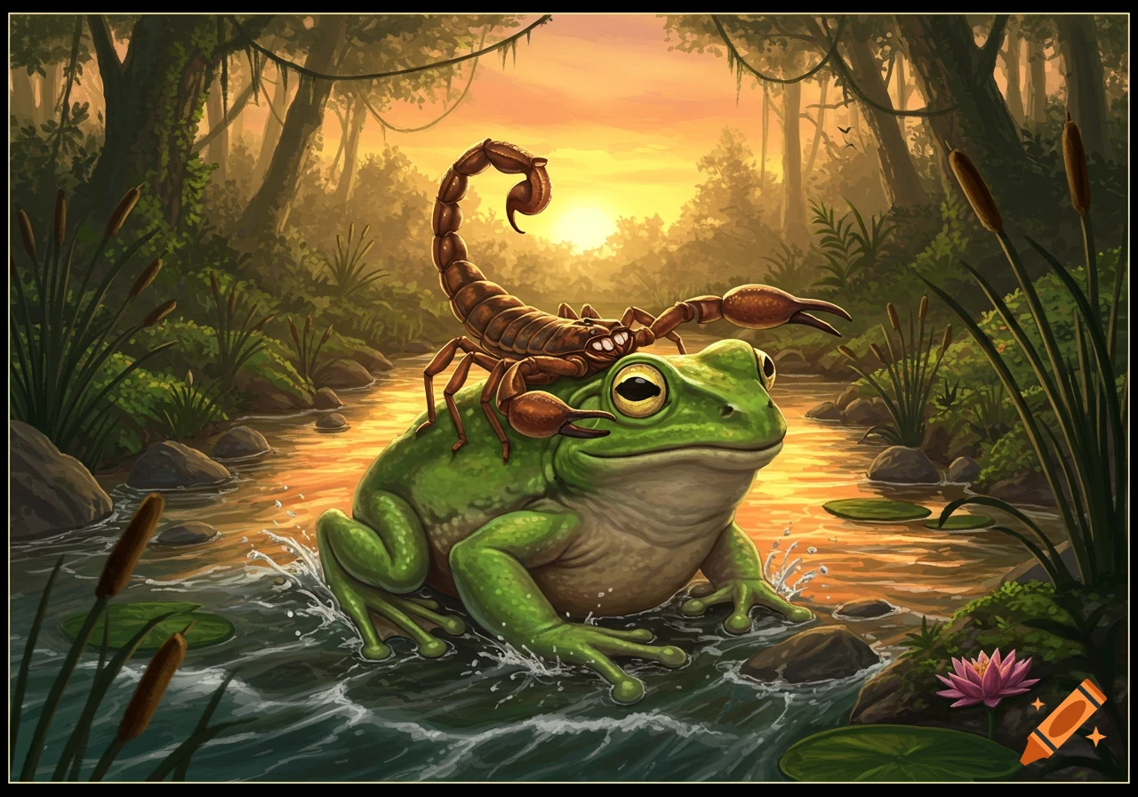 An illustration of a maniacal scorpion riding a frog across a river at ...