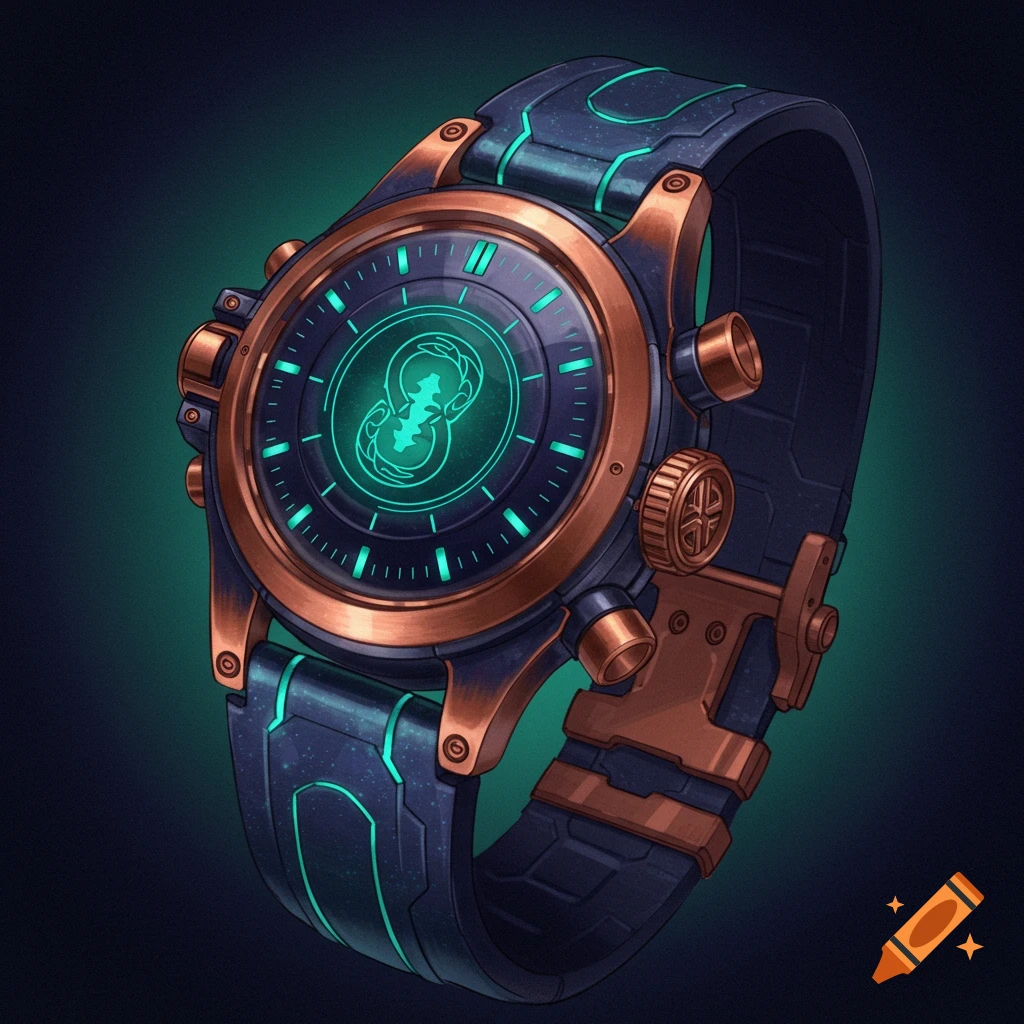 A stylized, detailed sci-fi watch with an indigo band, copper accents, and a glowing green ...