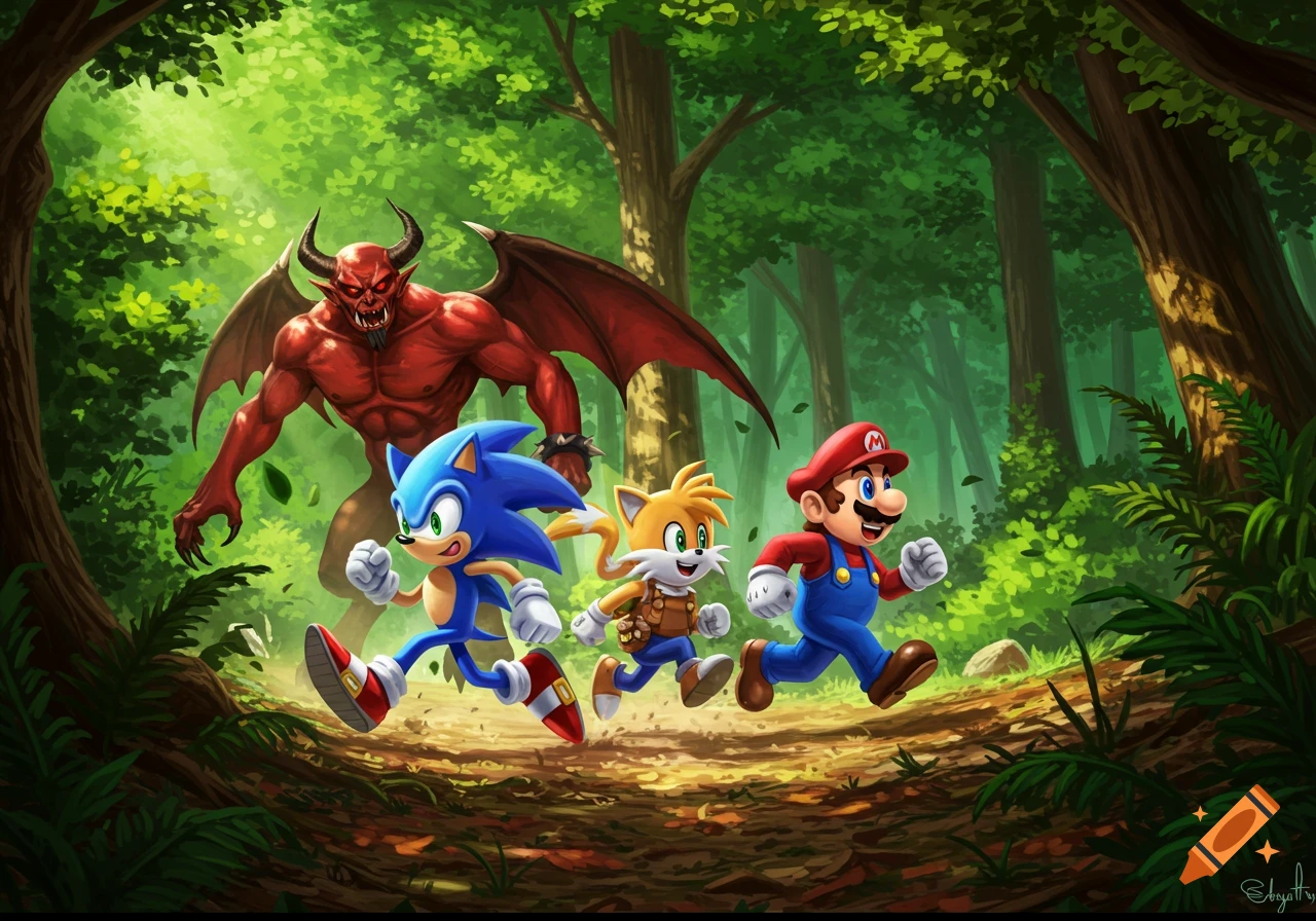 Sonic, Tails, and Mario run away from a red demon in a sunlit forest ...