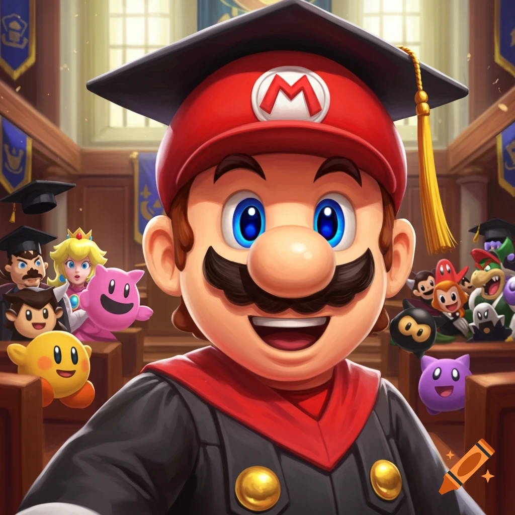Mario in a graduation cap and gown with other Nintendo characters in a ...