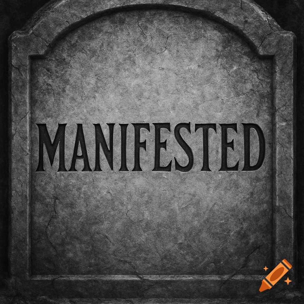 The word MANIFESTED carved into a stone tombstone surface in black and ...