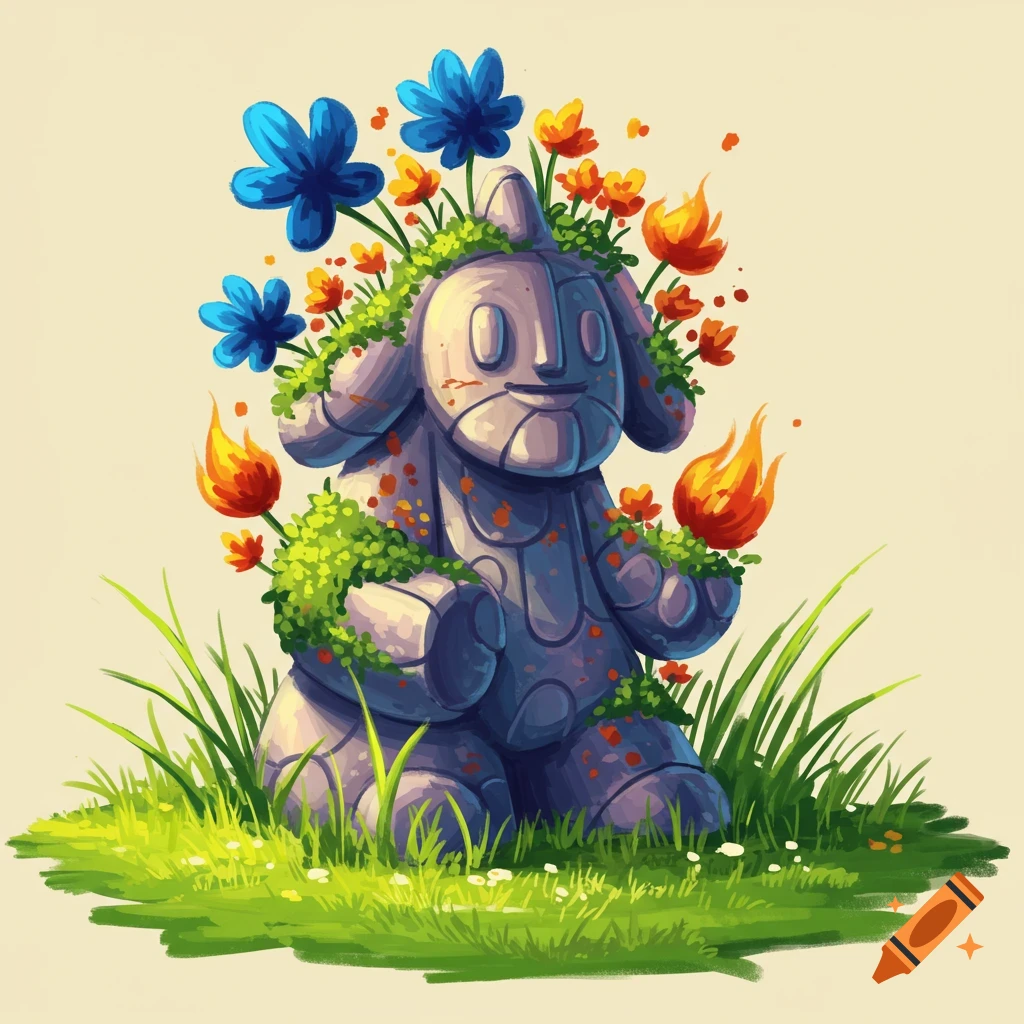A colorful stylized stone statue covered in moss, grass, and blue and ...