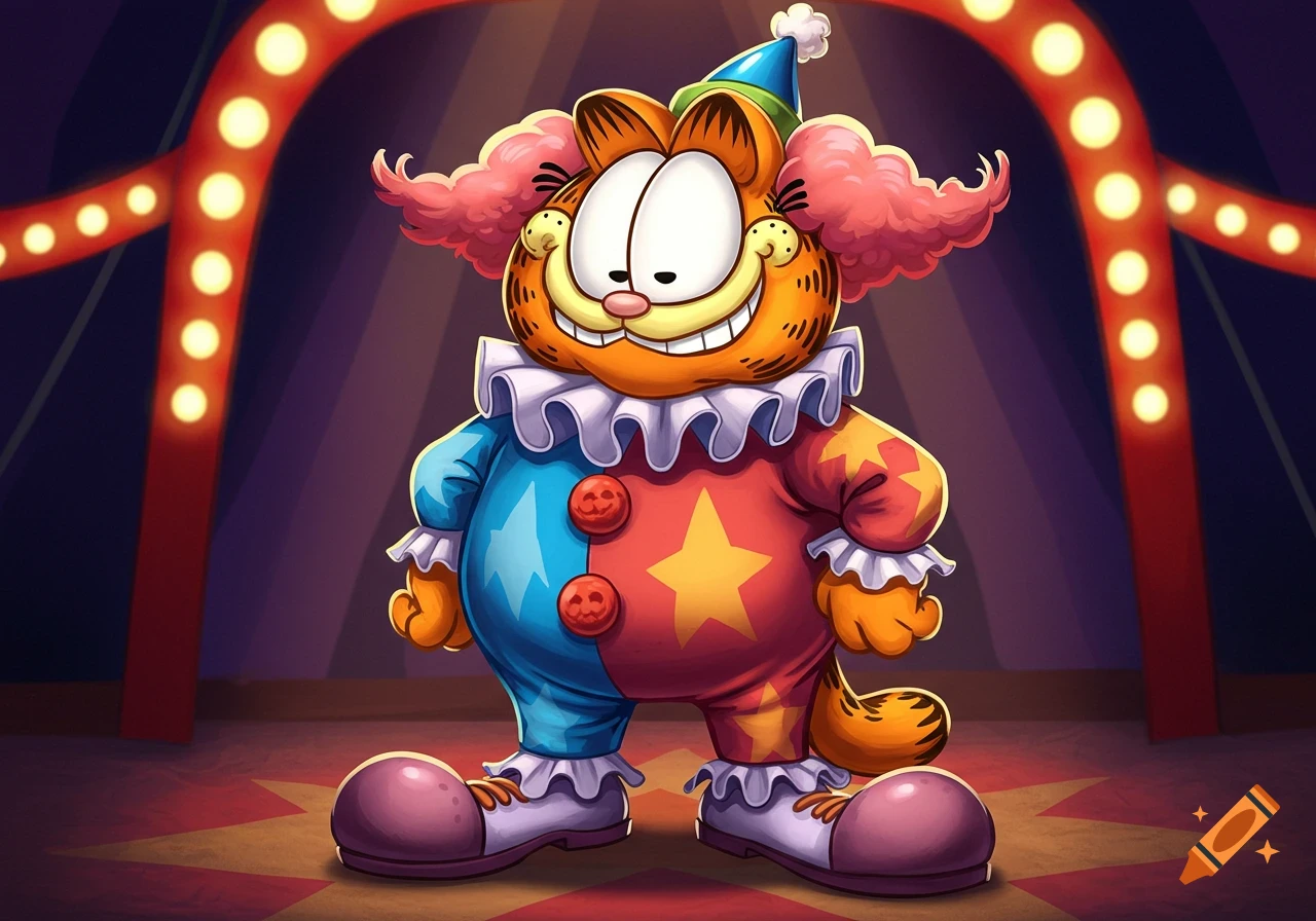 Cartoon Garfield dressed as a colorful clown standing in a circus tent ...