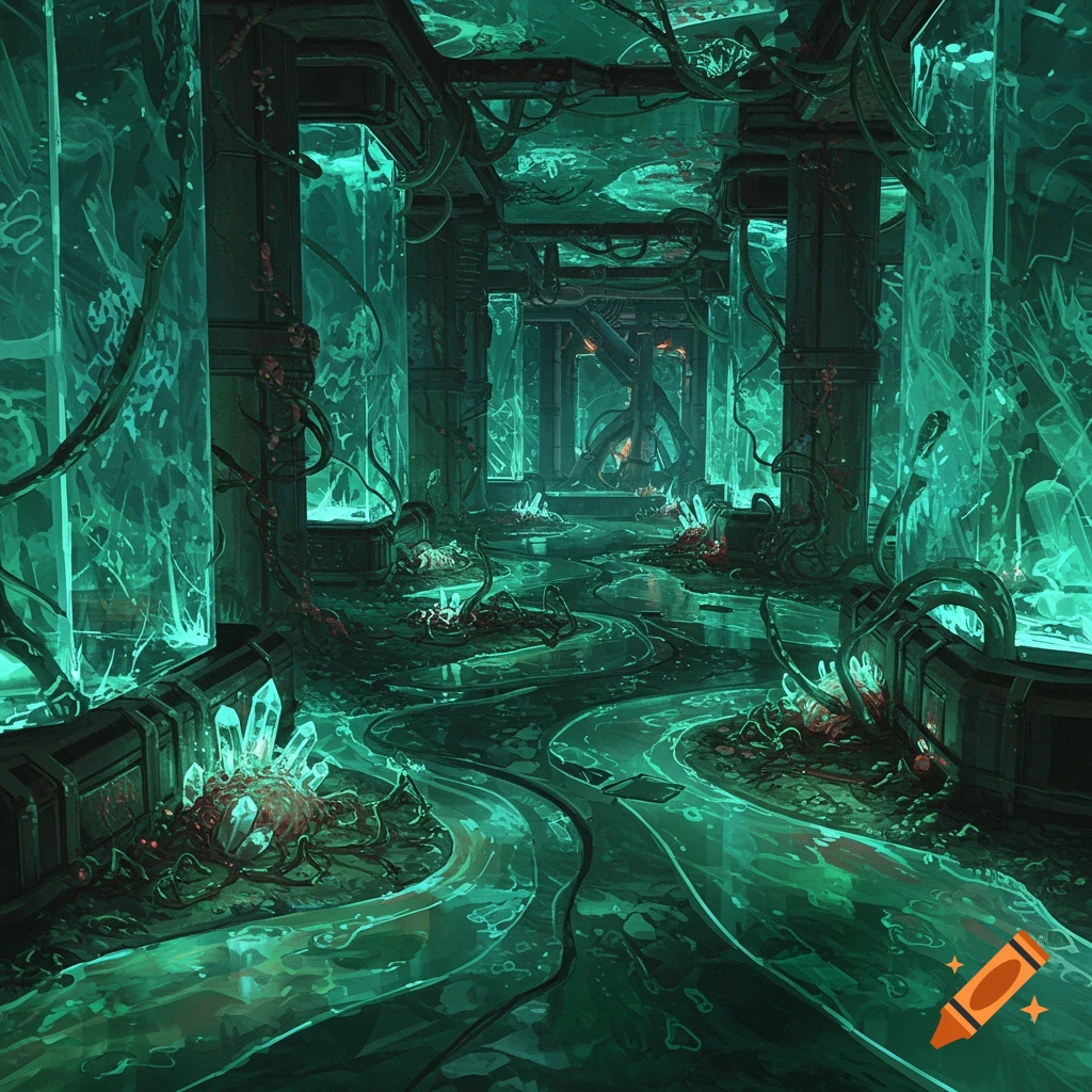 Dark alien labyrinth with glowing green fluid pathways, tubes, crystals, and organic growths on ...