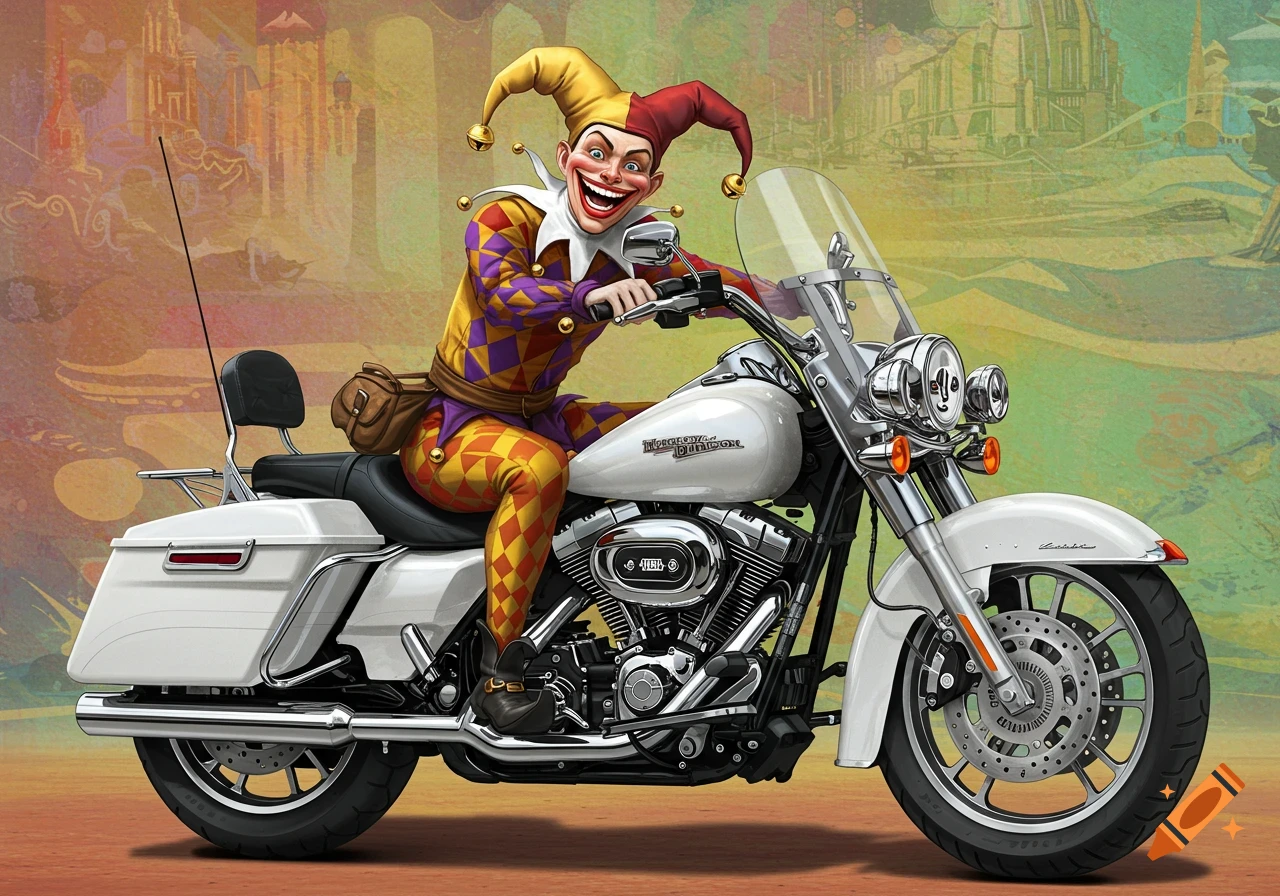 Illustration of a jester with a huge smile riding a white Harley ...