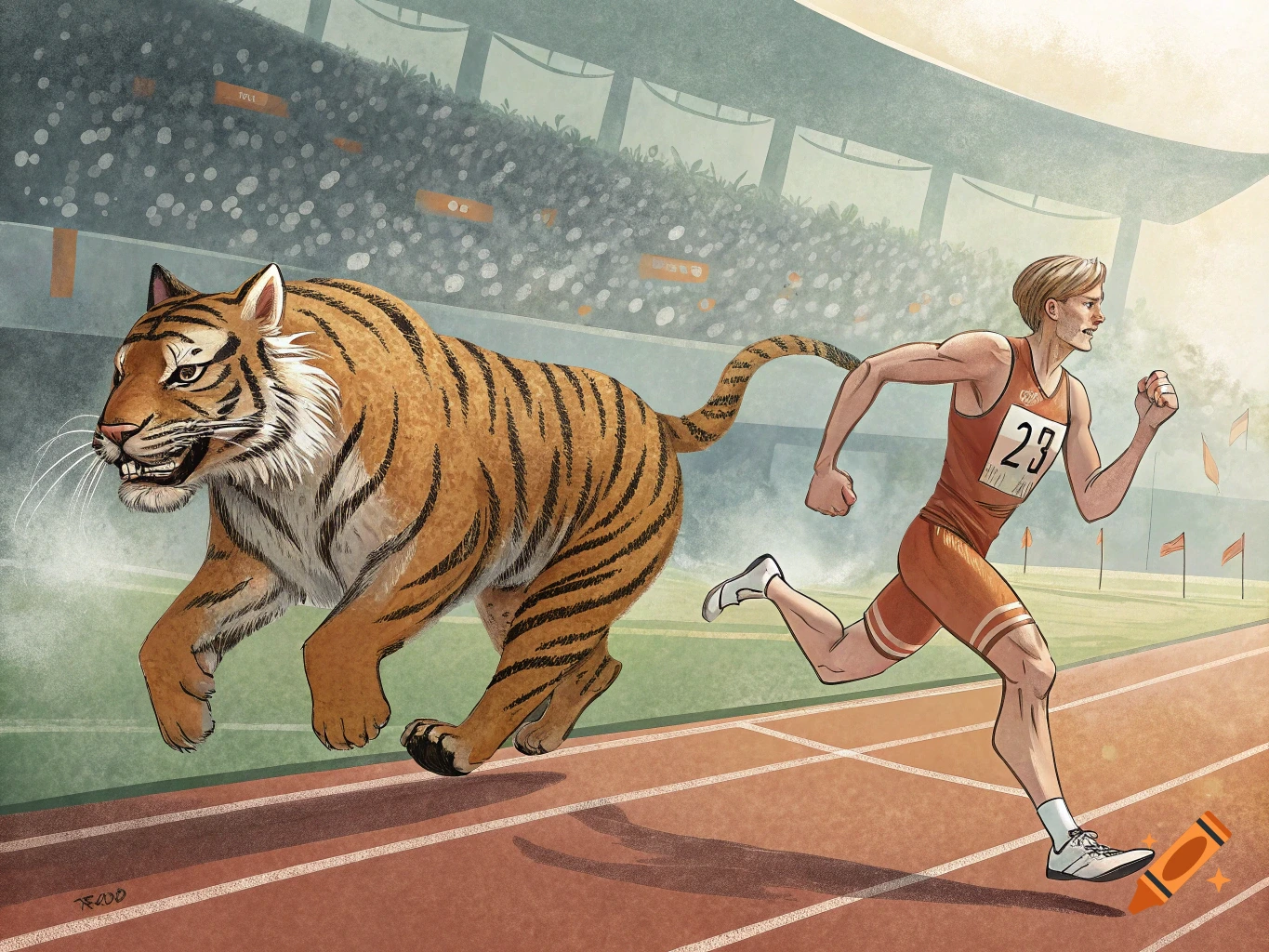 An illustration of a tiger and a runner racing on a track in a stadium ...