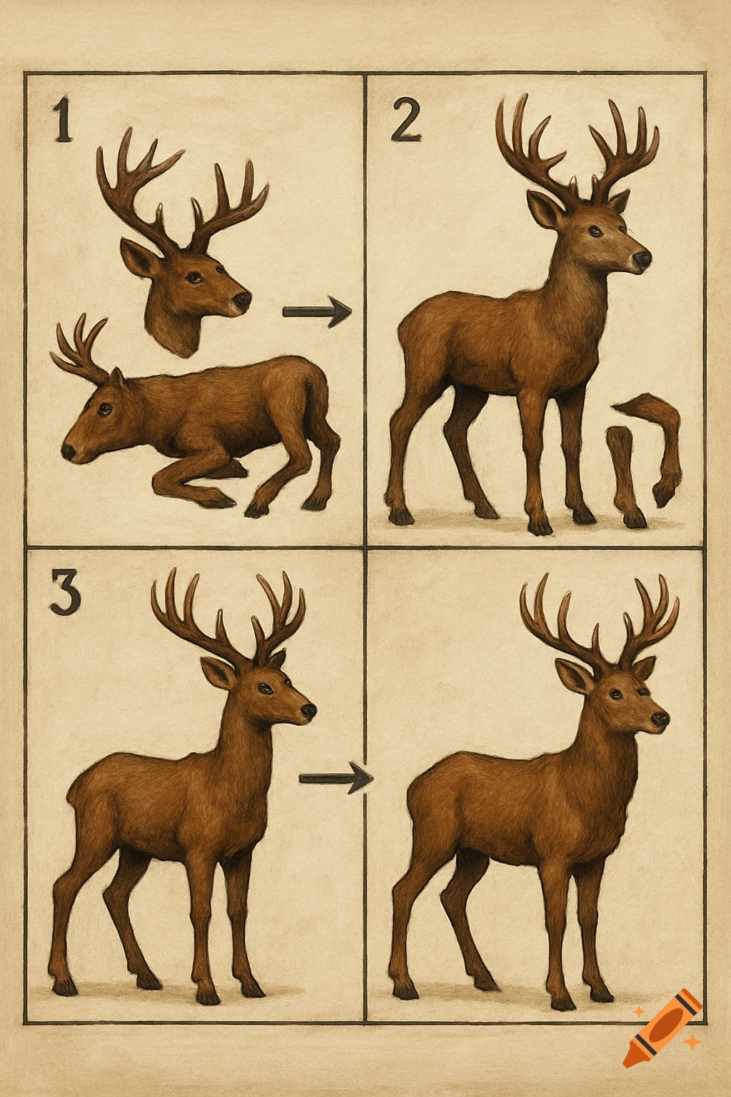 Four panel diagram showing the step-by-step assembly of a deer. on Craiyon