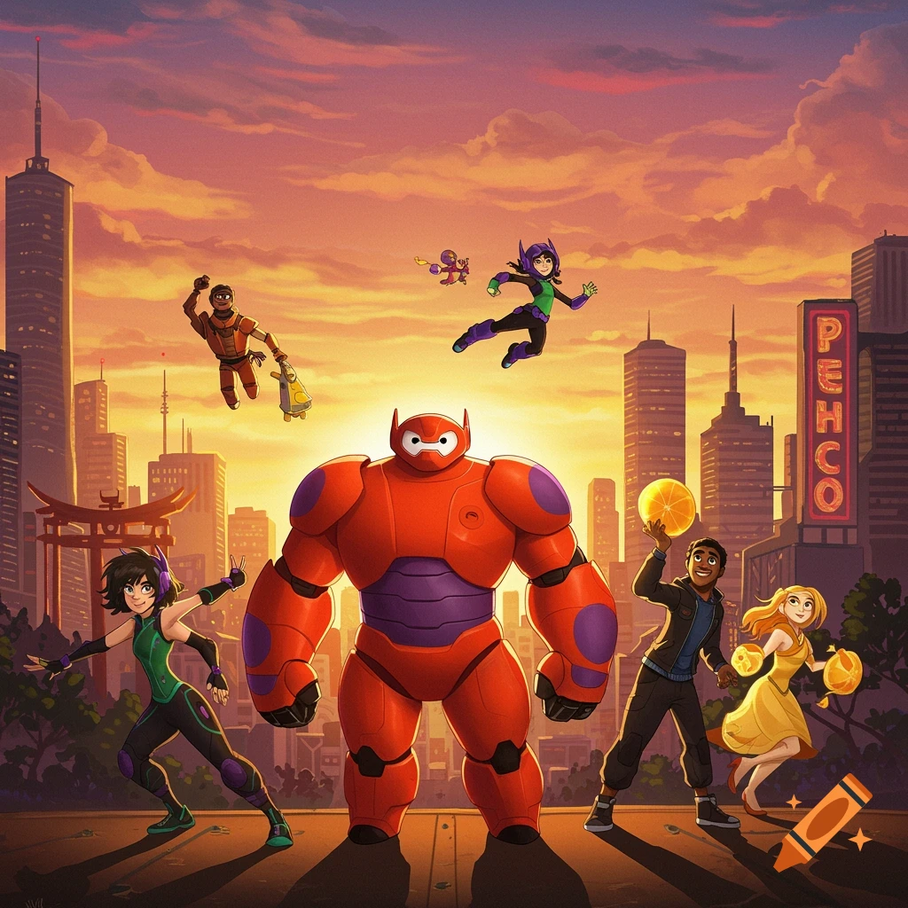 Animated characters from Big Hero 6 pose and fly above a city skyline ...