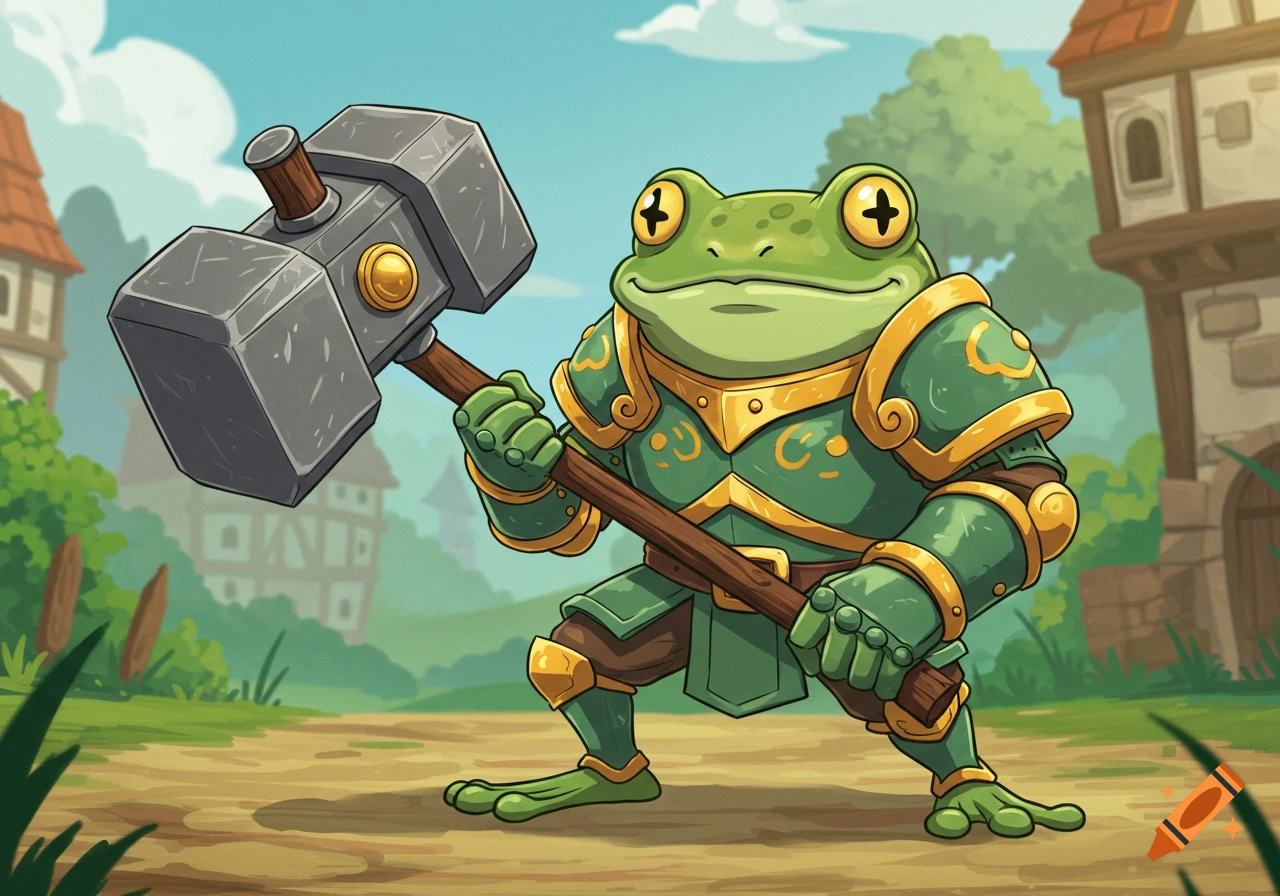 A cartoon frog wearing green and gold armor stands holding a large ...