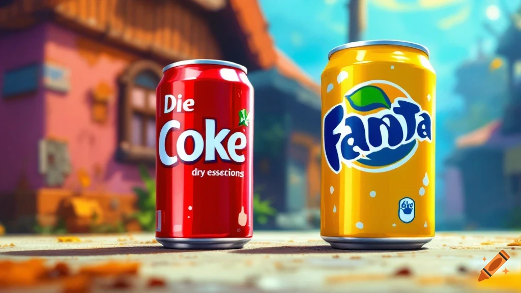 Two stylized soda cans, a red one labeled 'Die Coke dry essecions' and ...