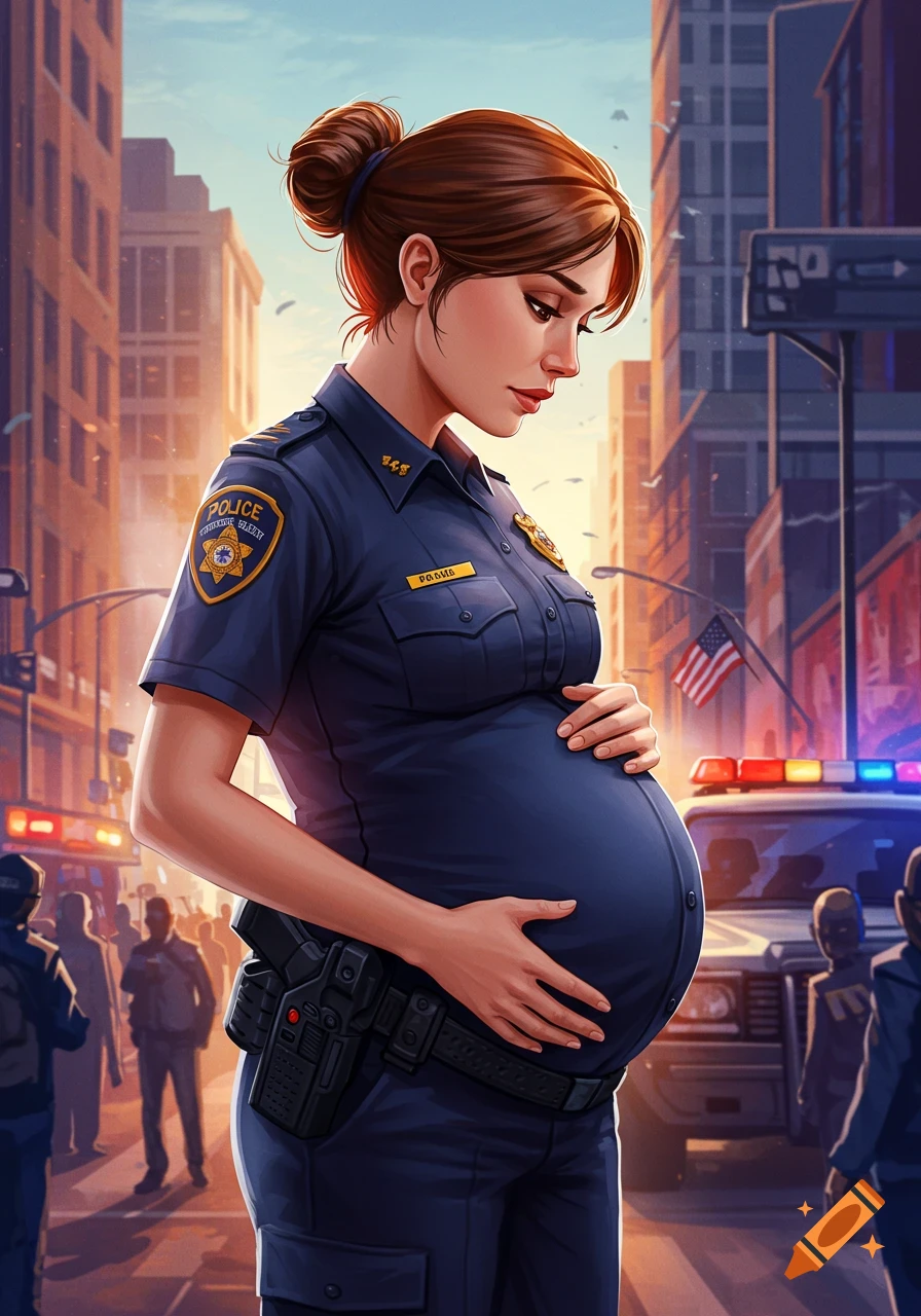 An illustration of a pregnant police officer standing in a city street ...