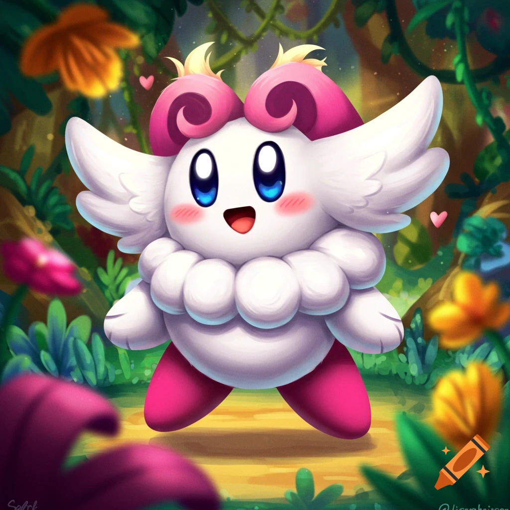 Elfilin from Kirby in a lush jungle clearing, digital illustration on ...