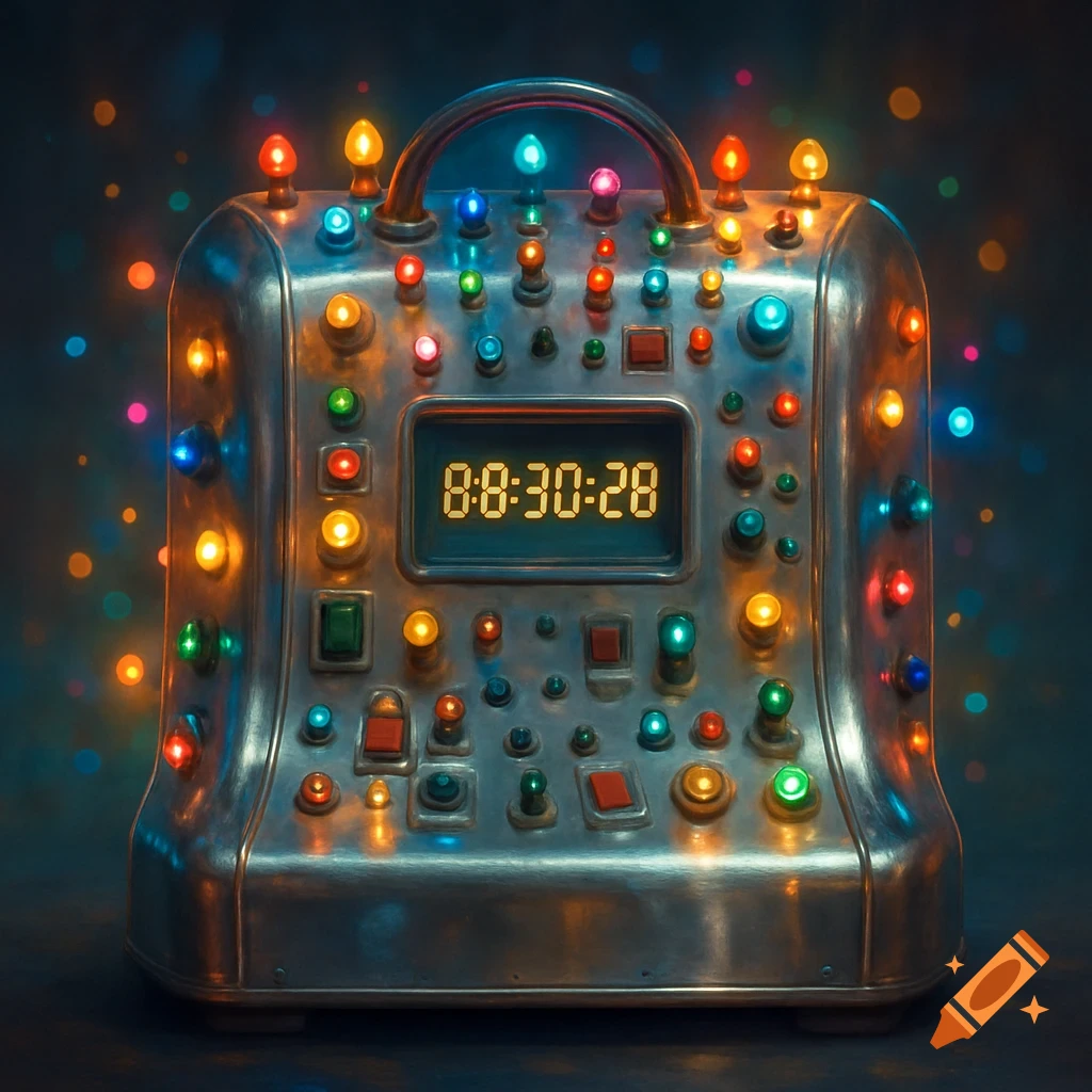A detailed retro-futuristic machine with numerous colorful lights ...